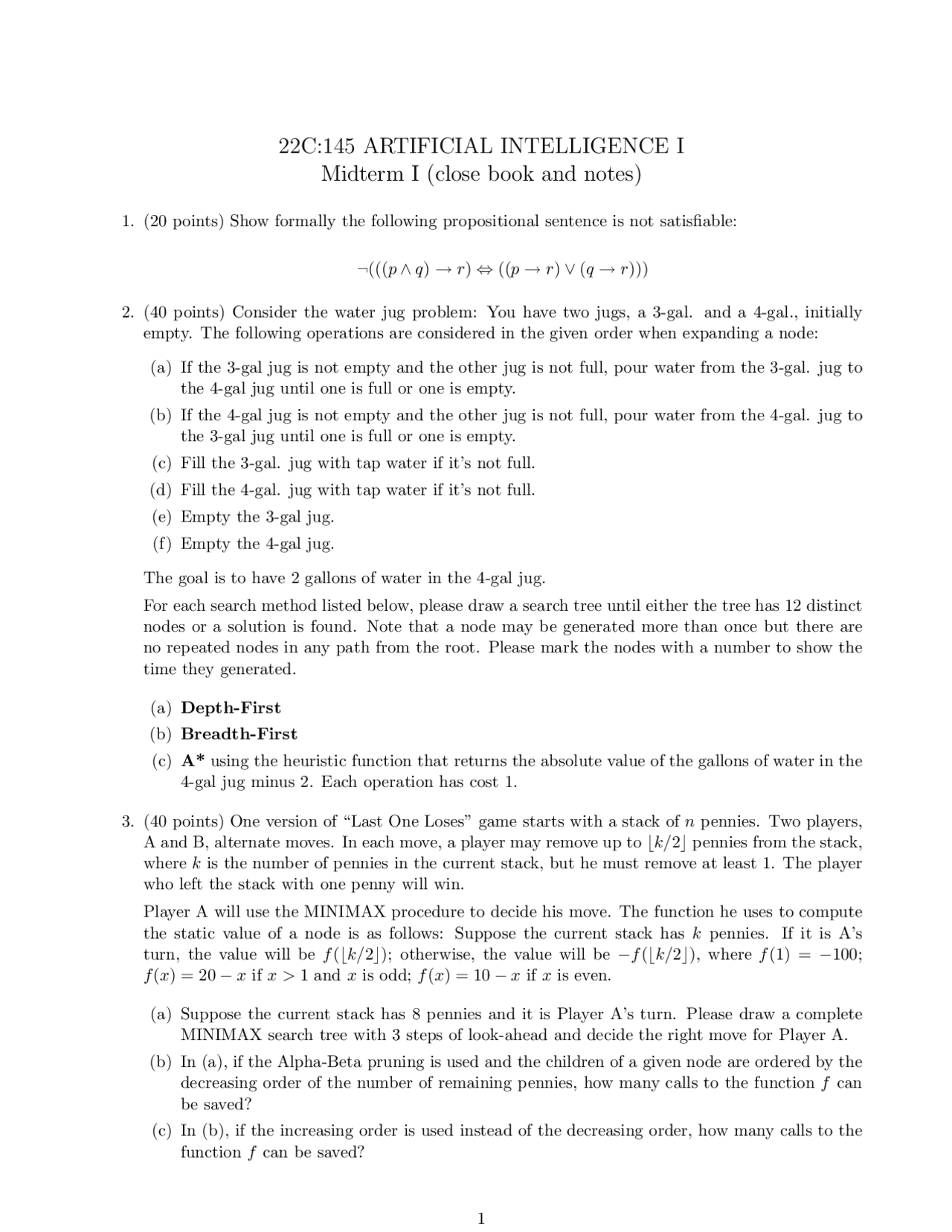 Midterm Exam 1 Artificial Intelligence I 22c 145 Docsity