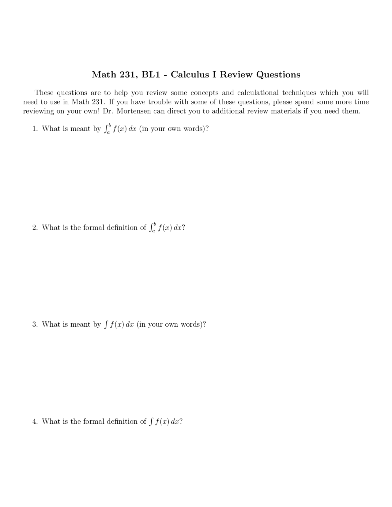 Calculus I Review Questions Unsolved Math 231 Docsity