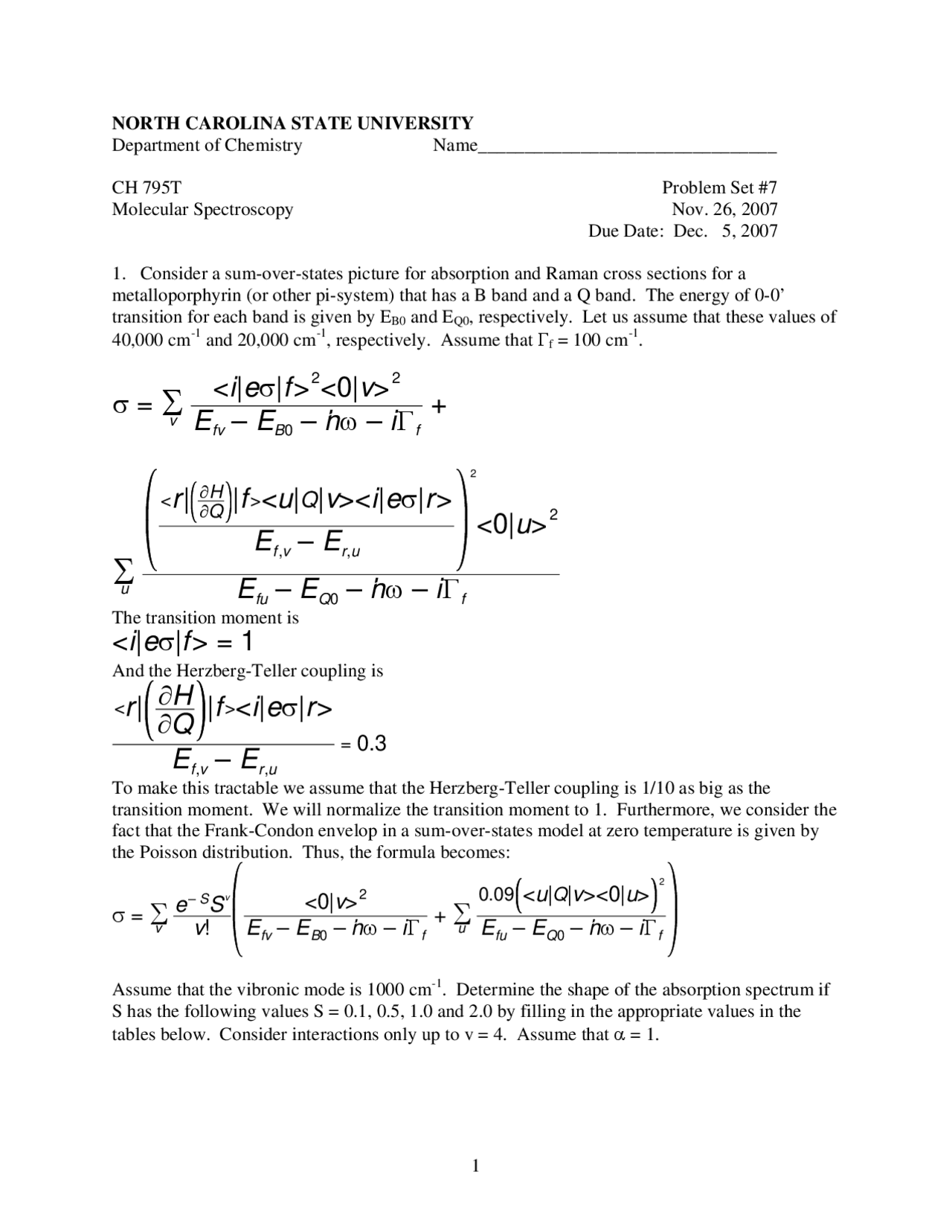 Molecular Spectroscopy Problem Set 7 With Solutions Ch 795a Docsity