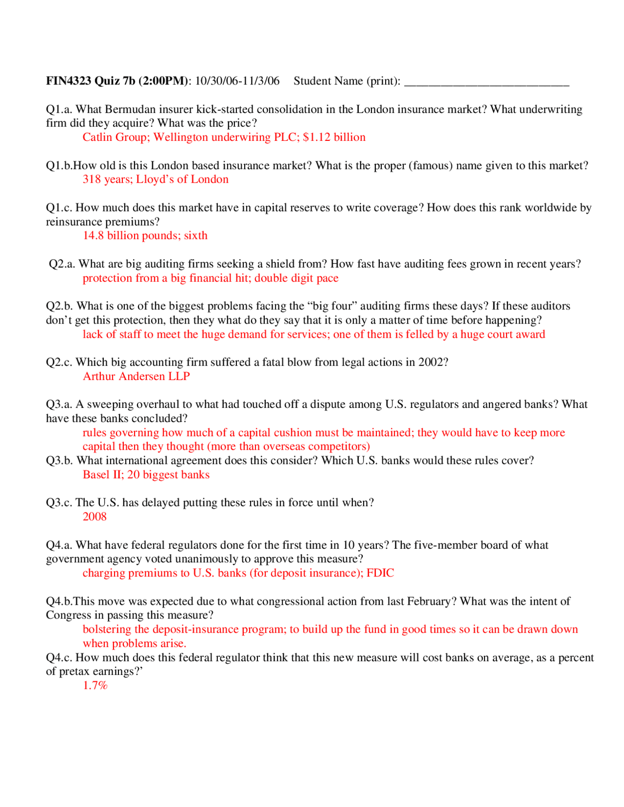 Quiz 7b With Answers Management Of Financial Institutions Fin 4323