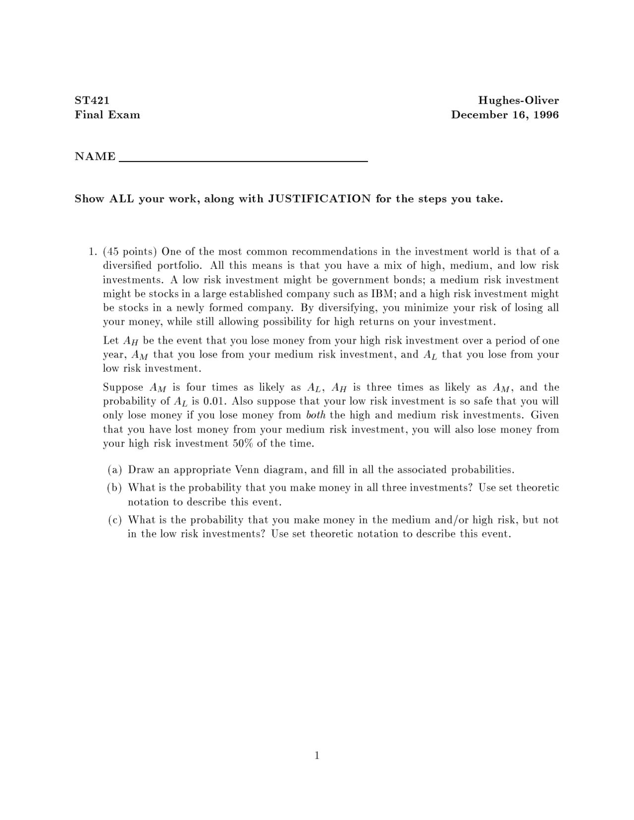 Final Exam Introduction To Mathematical Statistics I St 421 Docsity