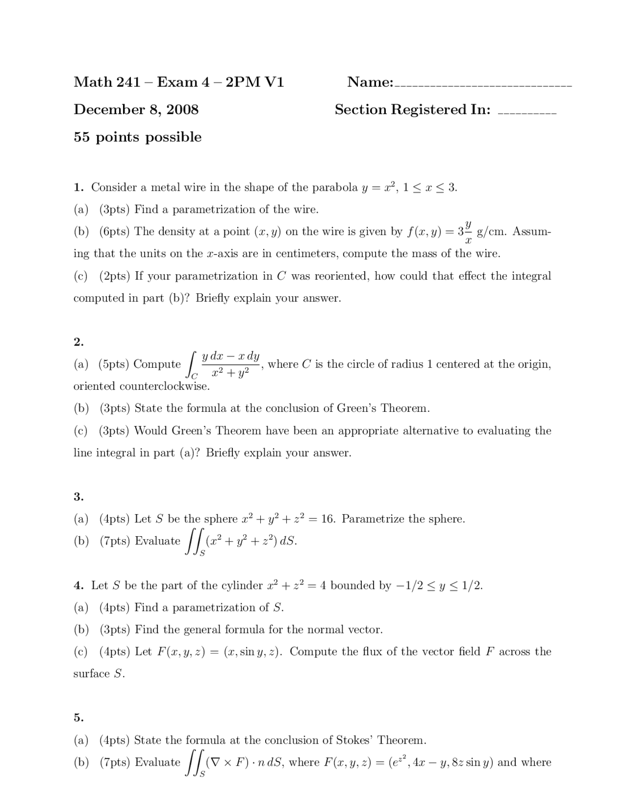 Calculus Lll Exam 4 Questions Math 241 Docsity