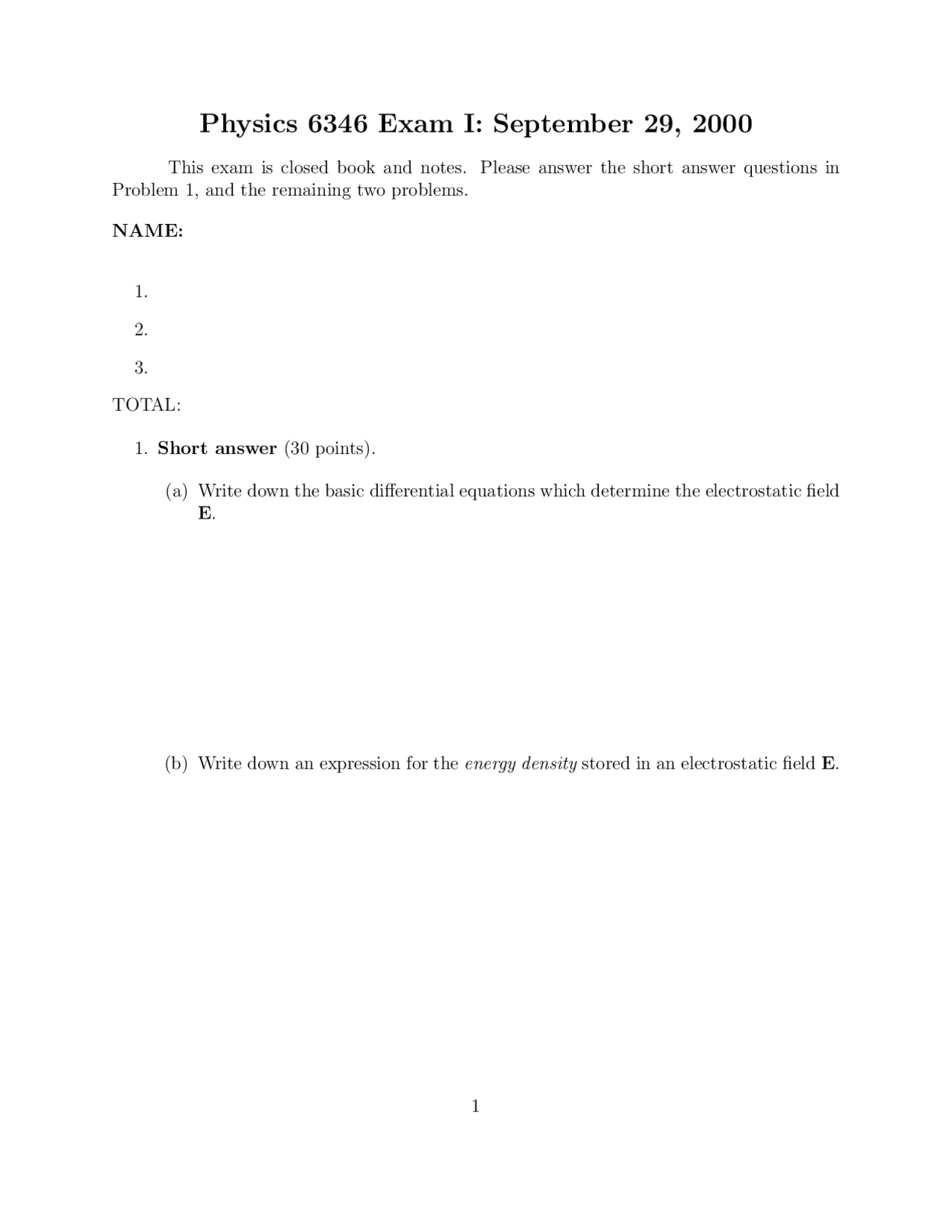 3 Problems With Answers Exam I Phy 6346 Docsity