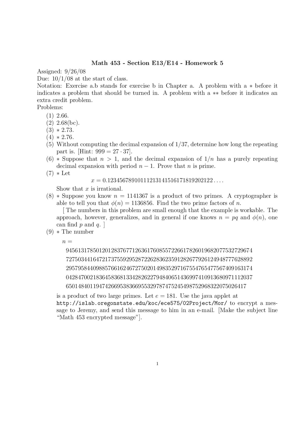Assignment 5 Questions Elementary Theory Of Numbers Math 453 Docsity