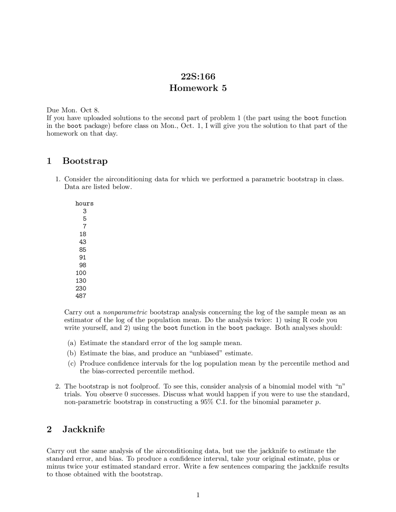 Bootstrap, Jackknife - Assignment 5 | Computing in Statistics | 22S 166 - Docsity