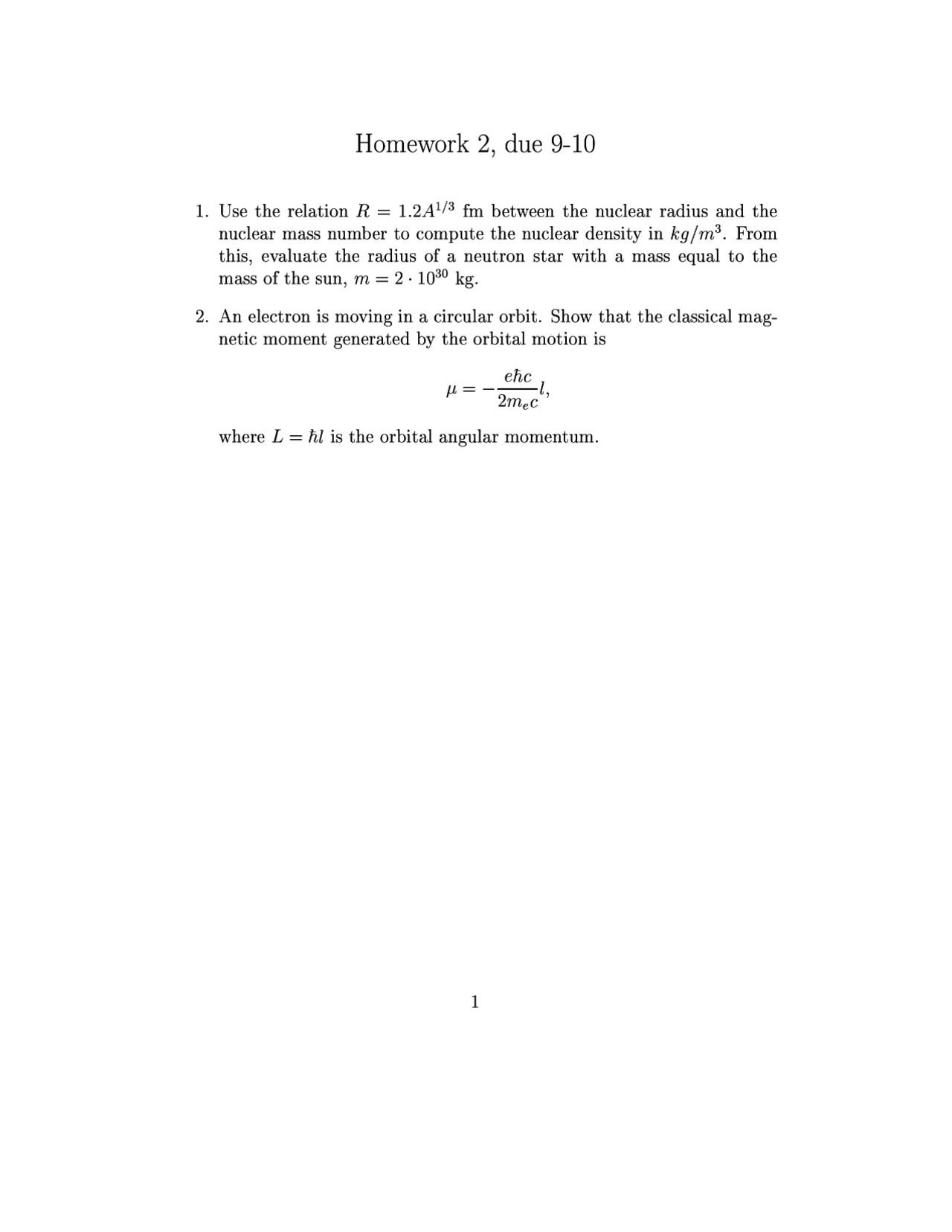 Nuclear And Subatomic Physics Homework Ii Py 506 Docsity