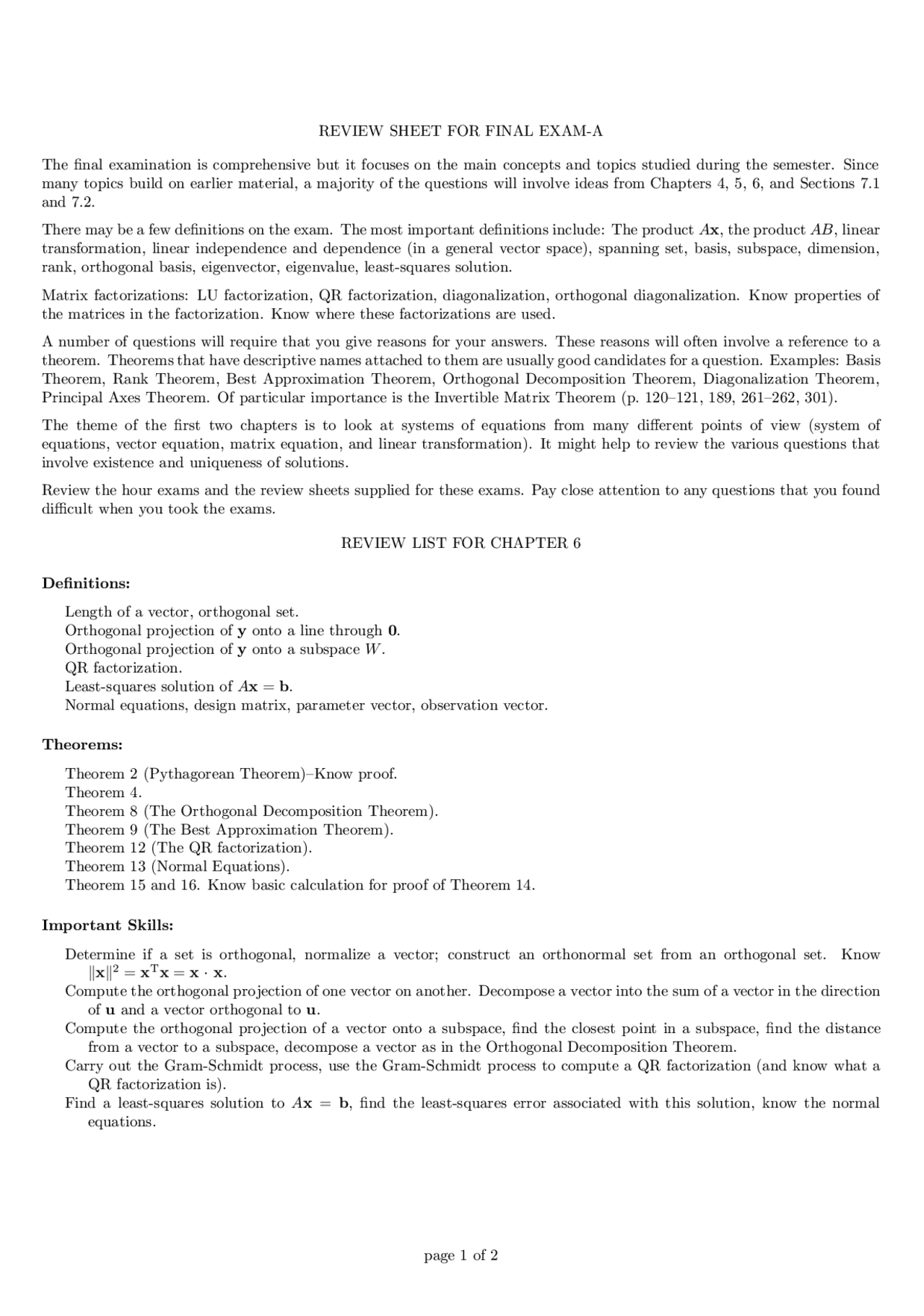 Review Final Exam Definitions And Theorems In Matrix Theory Math