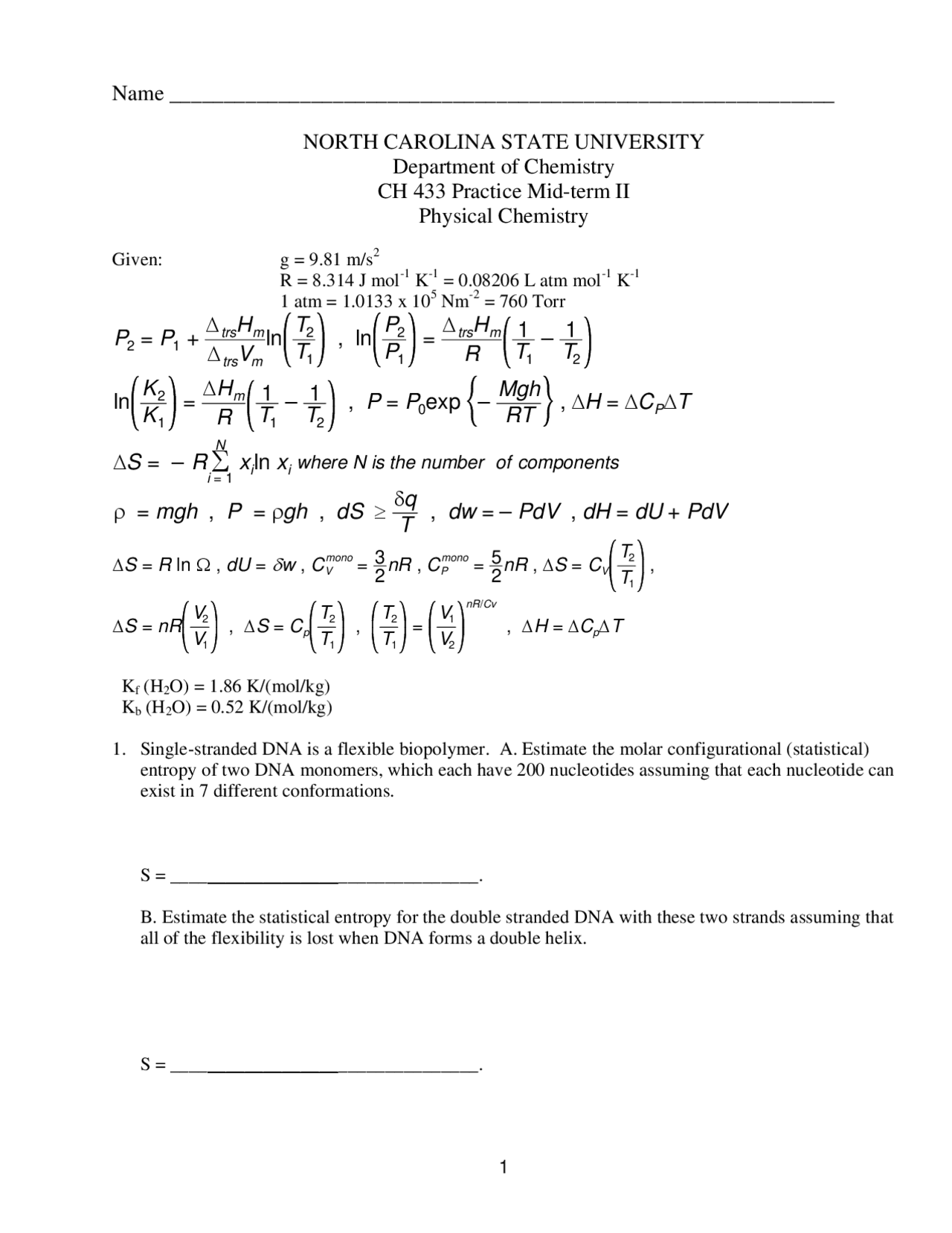 Practice Midterm 2 Questions Physical Chemistry Ii Ch 433 Docsity