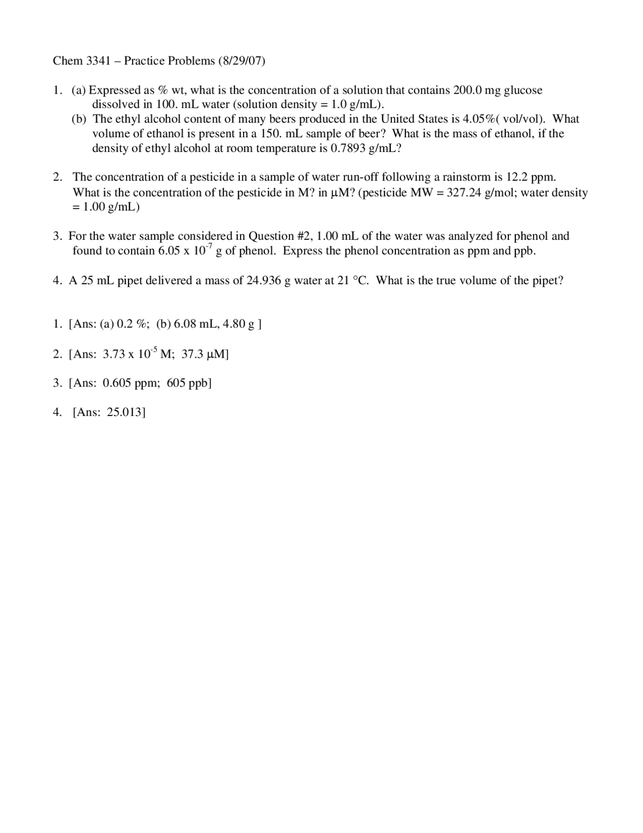 Practice Problems For Analytical Chemical Methods 2007 Chem 3341