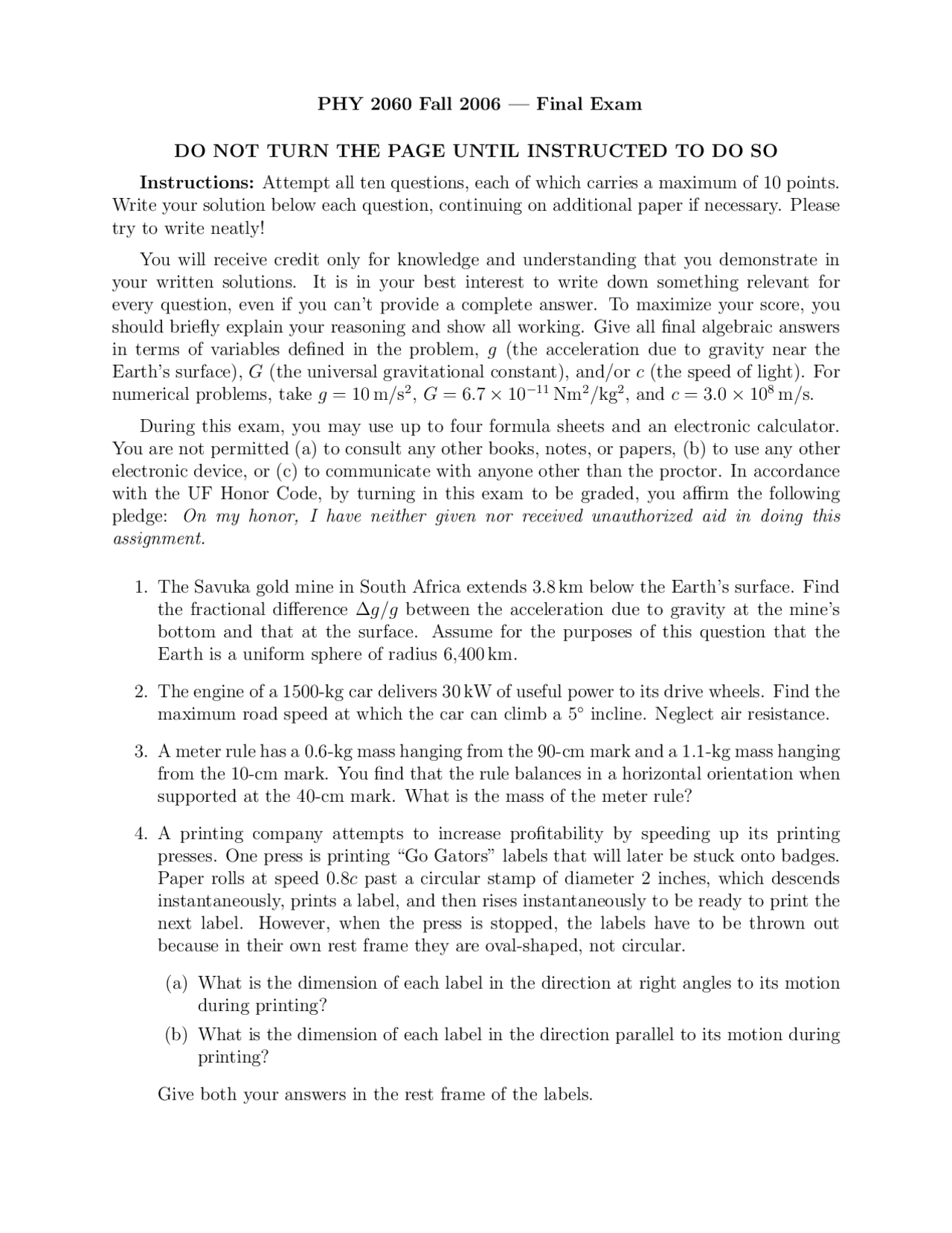 10 Questions Final Exam Enriched Physics 1 Phy 2060 Docsity
