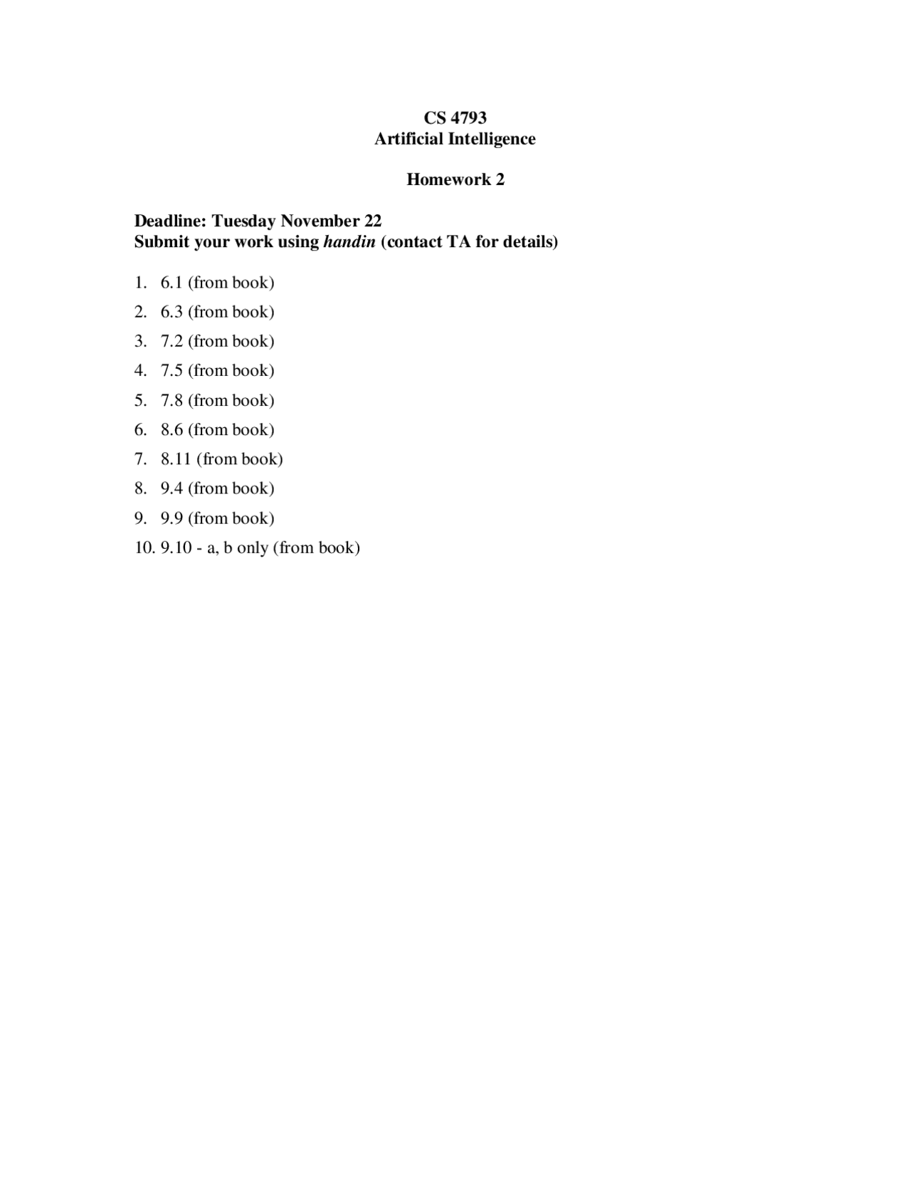 Homework 2 Artificial Intelligence I Cs 4793 Docsity