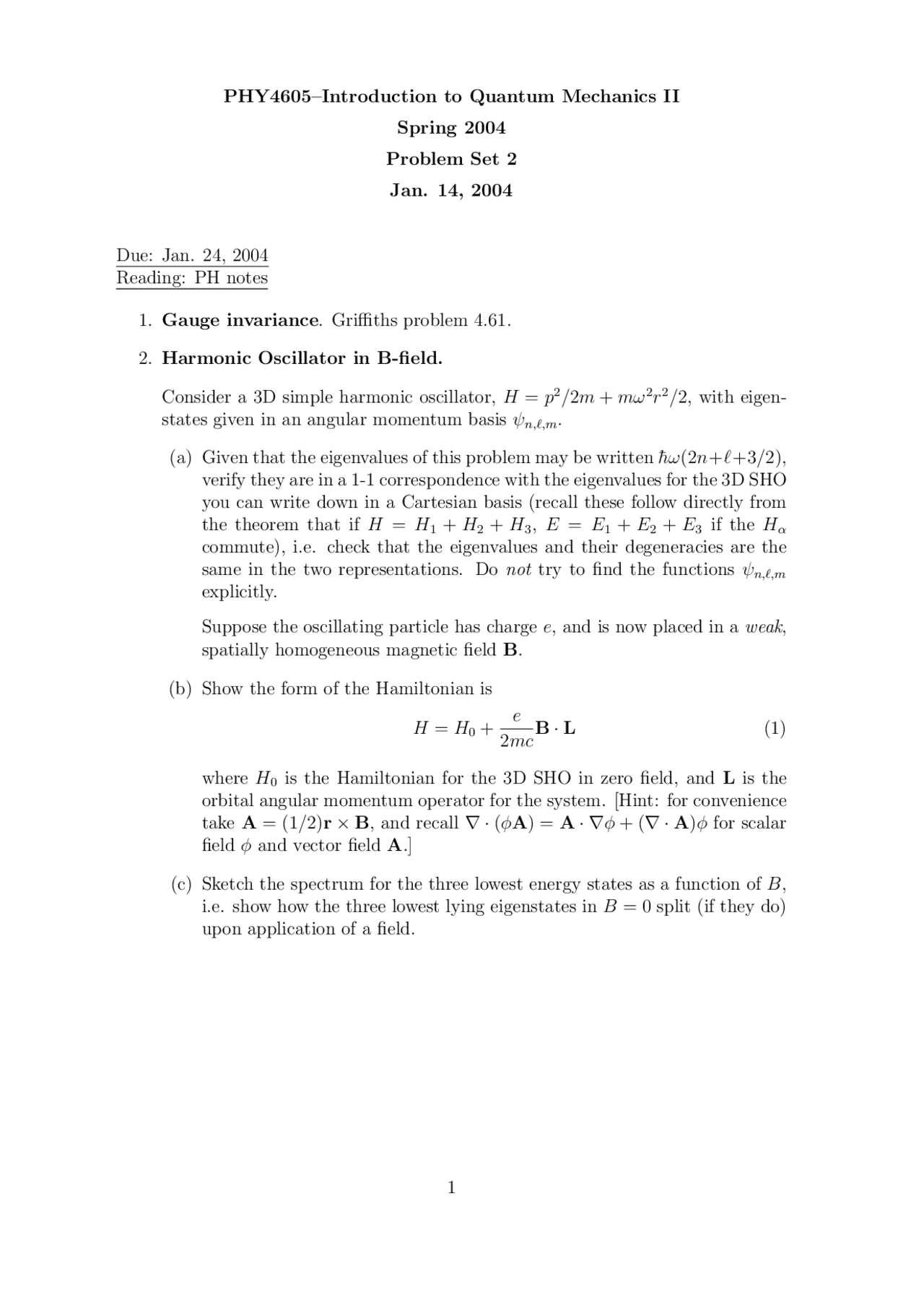 Problem Set 2 - Introduction to Quantum Mechanics II | PHY 4605 | Assignments Physics | Docsity