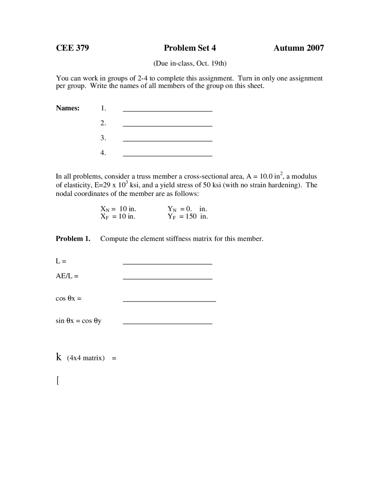Problems For Assignment 4 Elementary Structure I Cee 379 Docsity