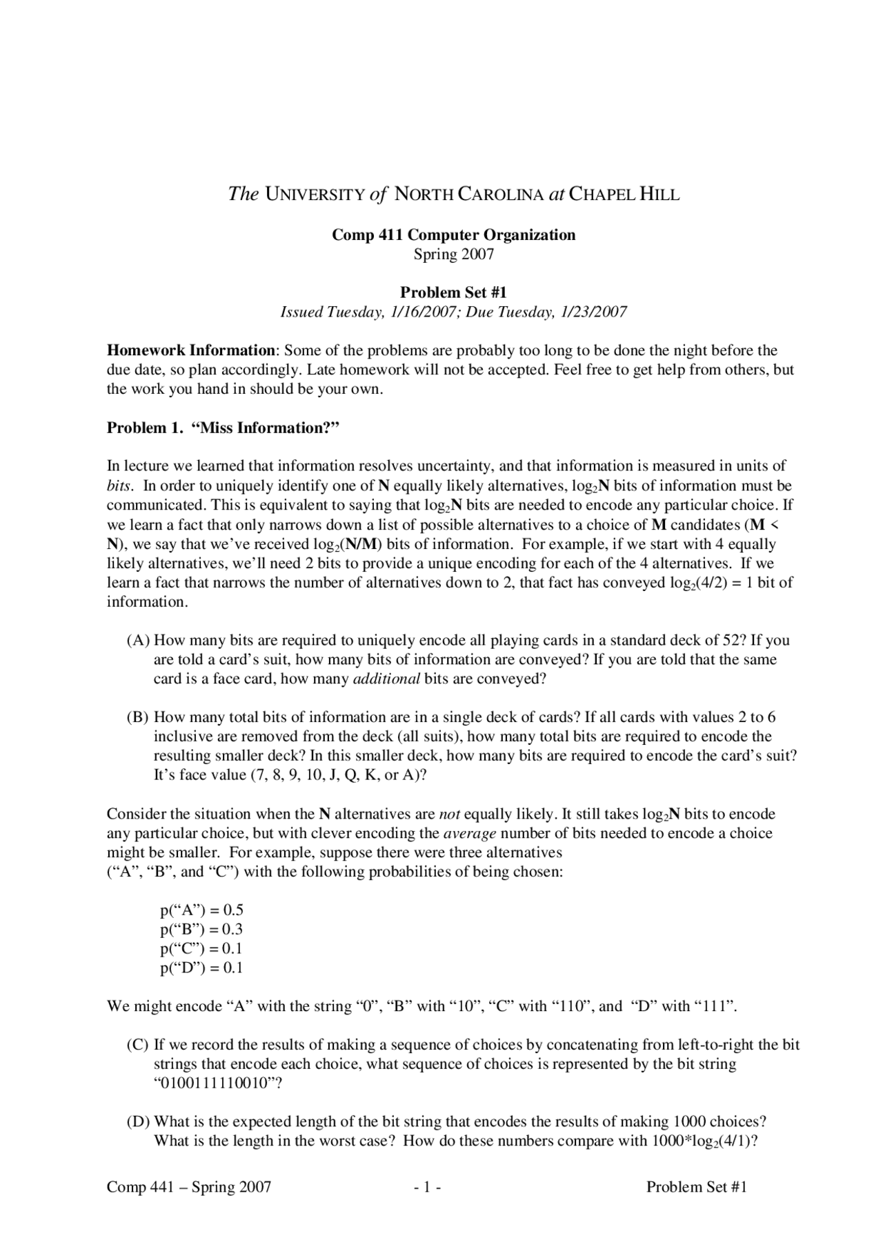 Problem Set 1 Computer Organization Comp 411 Docsity
