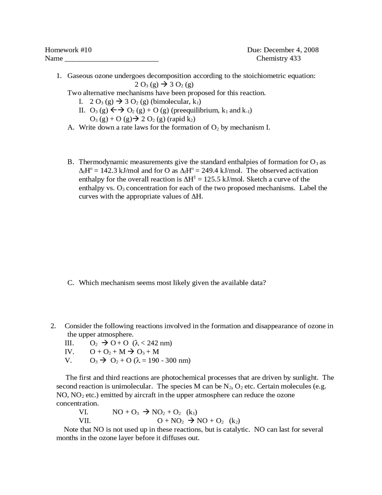 Homework 10 Questions On Physical Chemistry Ii Ch 433 Docsity