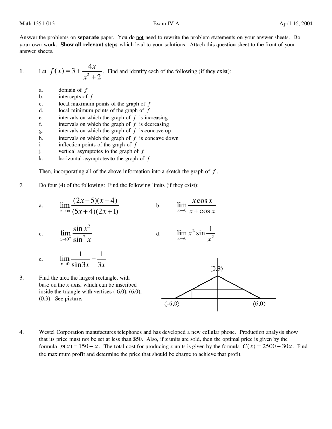 Exam 4 List Of Problems On Calculus I For Honors Math 1351 Docsity