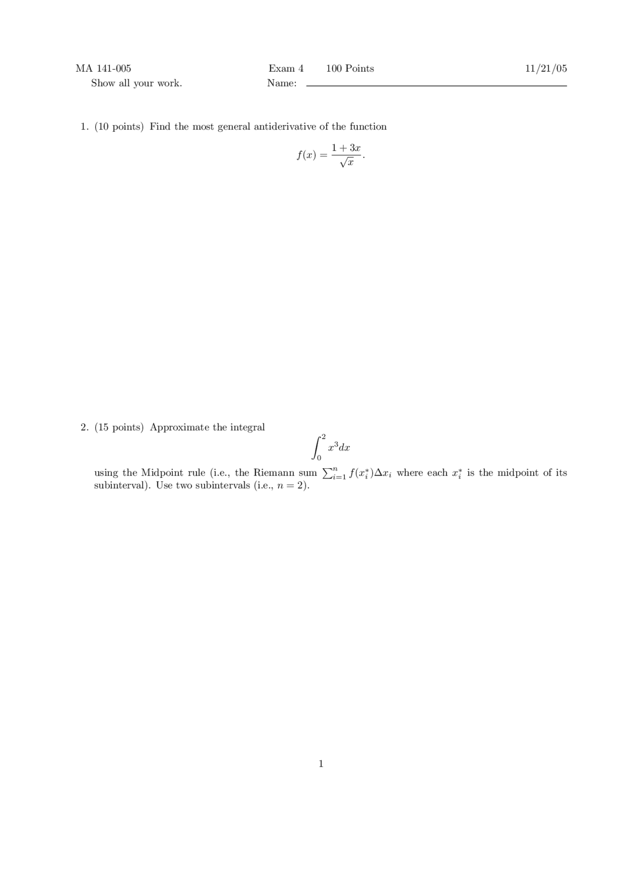 Practice Exam 4 Calculus I Fall 2005 Ma 141 Docsity