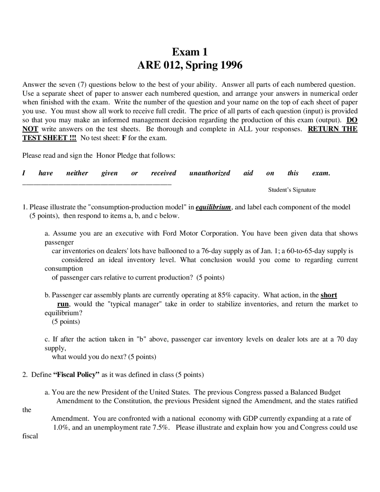 7 Questions in Examination 1 Spring 1996 | ARE 012 - Docsity