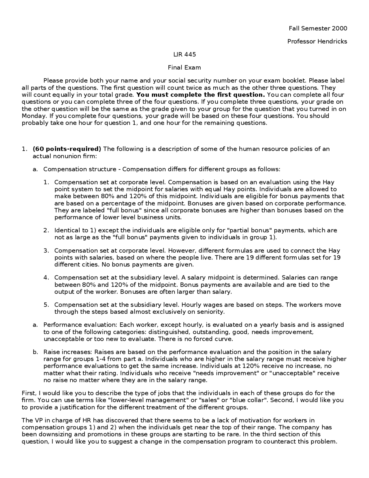 Final Exam Guidelines - Economics of Human Resources - Fall 2000 | LIR 545 | Exams Systems ...