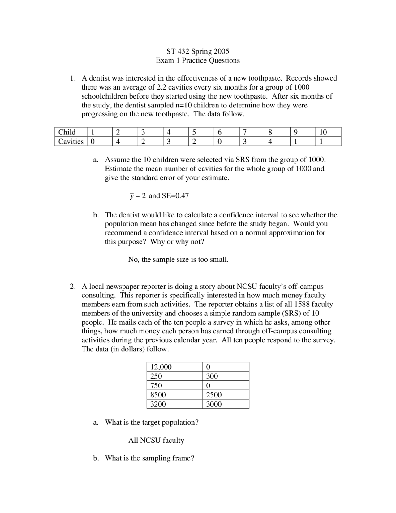 Exam 1 Practice Questions Introduction To Survey Sampling St 432