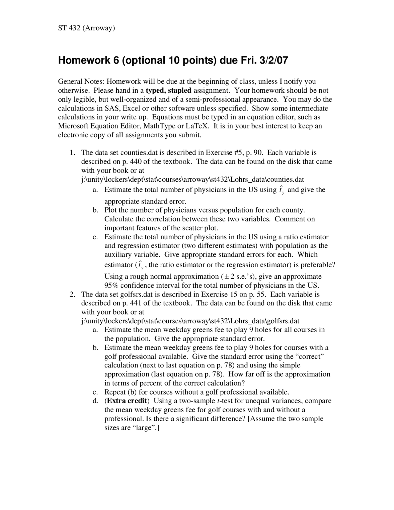 Introduction To Survey Sampling Homework 6 St 432 Assignments