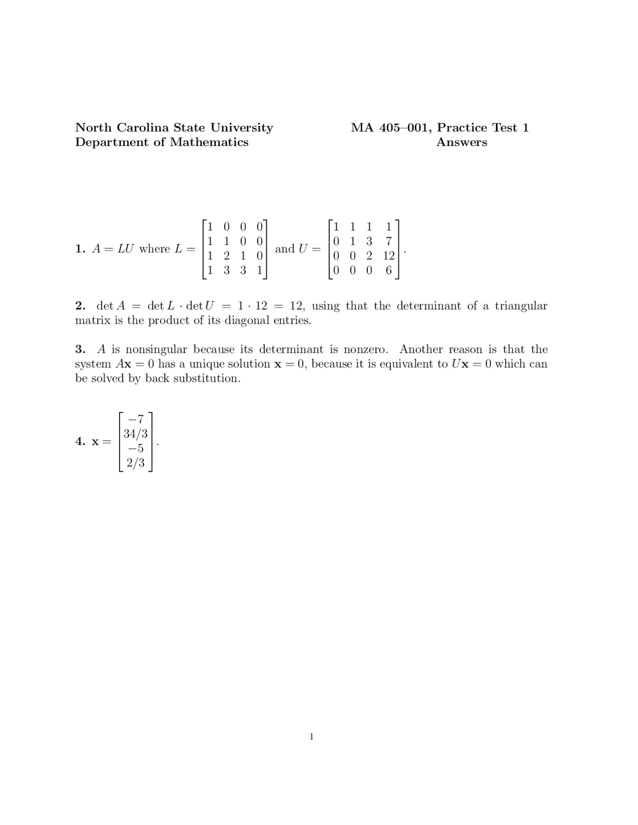 Practice Test 1 Answers Introduction To Linear Algebra Ma 405 Docsity