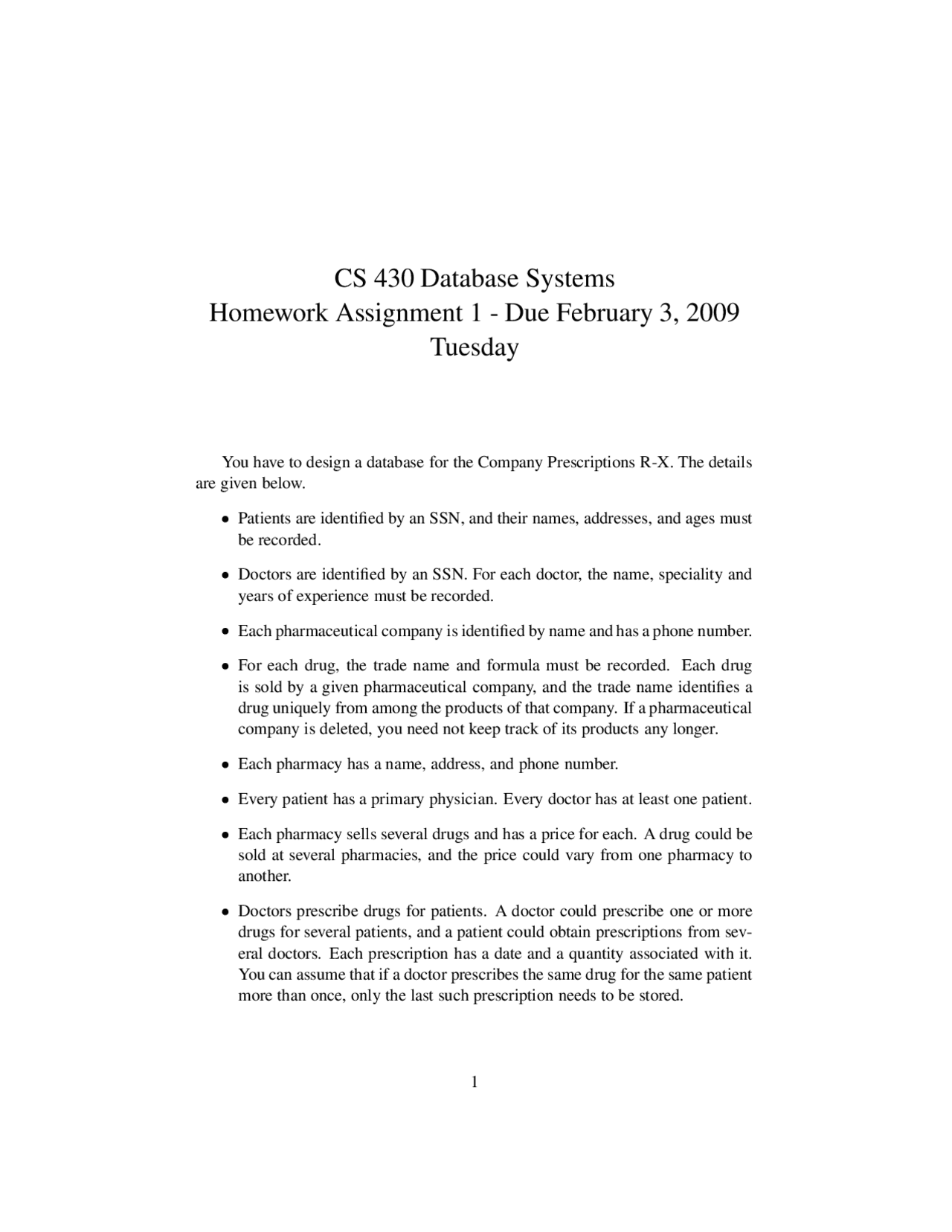 4 Problems on Pharmaceutical Company - Assignment 1 | CS 430 - Docsity