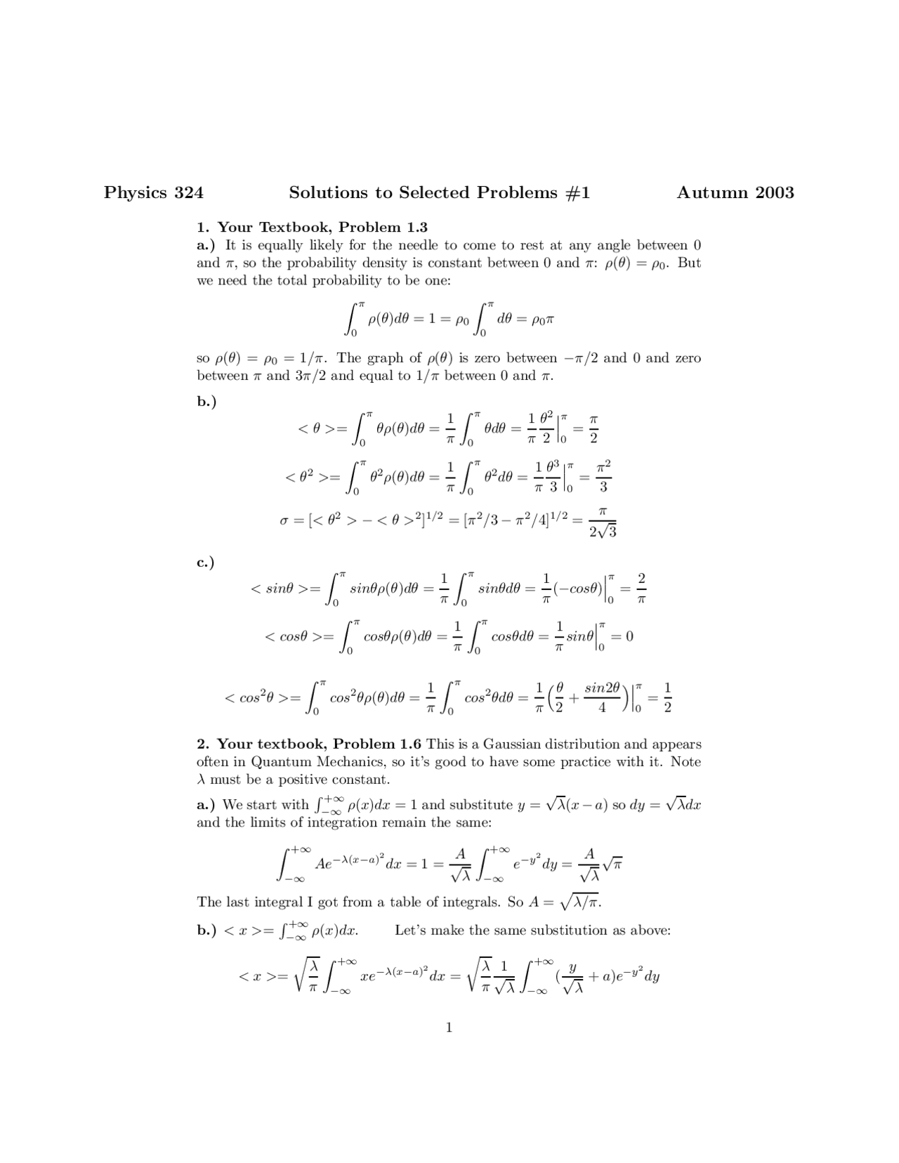 Solutions for Practice Assignment 1 - Quantum Mechanics | PHYS 324 | Assignments Quantum ...