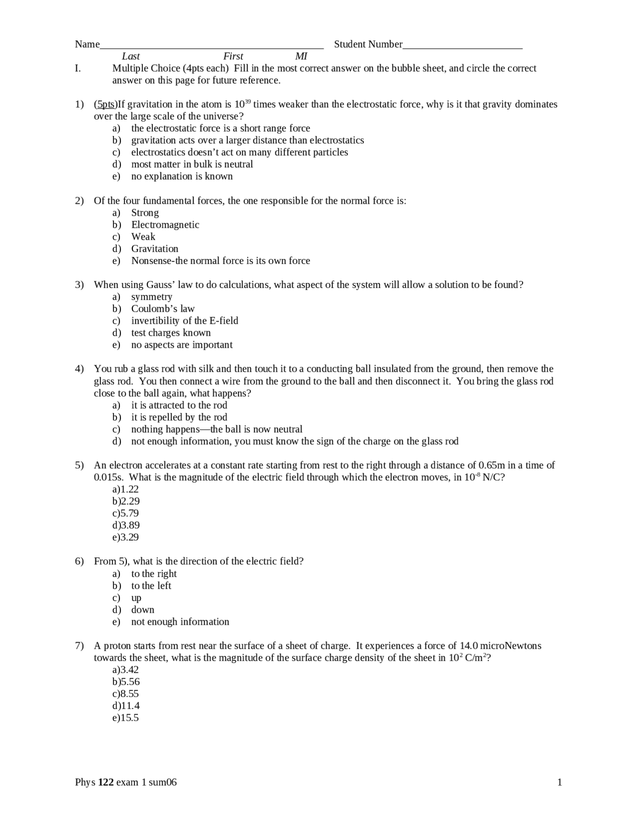 Electromagnetism Exam 1 Unsolved Questions Phys 122 Docsity