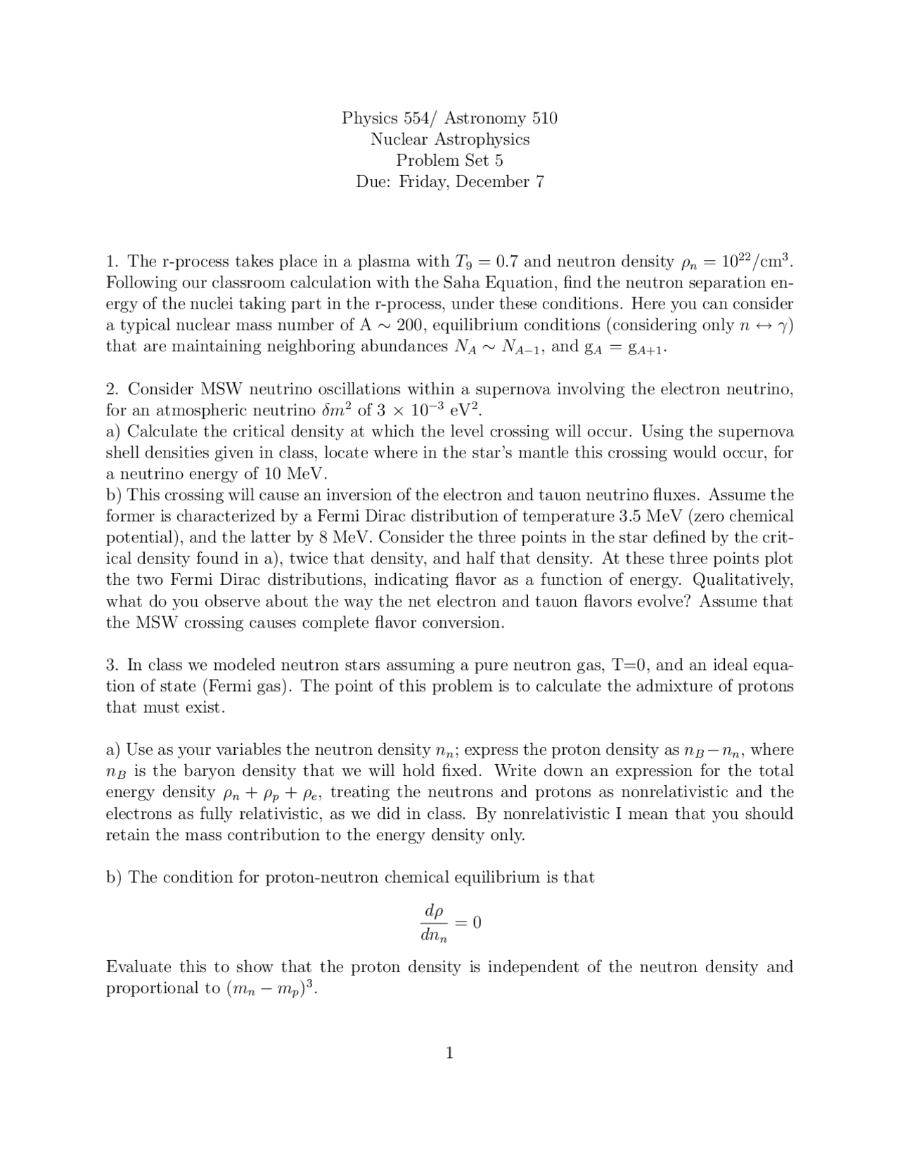 Practice Problems On Nuclear Astrophysics Old Assignment 5 Phys 554