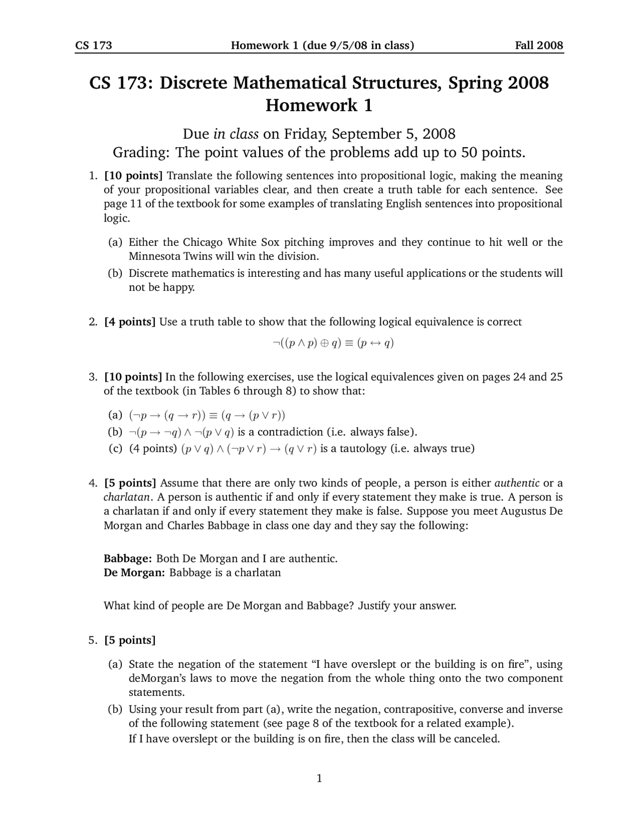 Homework 1 Problems Discrete Mathematical Structures Cs 173 Docsity