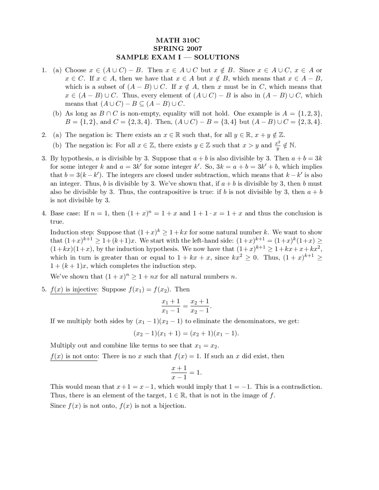 Sample Exam 1 Solutions Mathematical Reasoning Math 310 Docsity