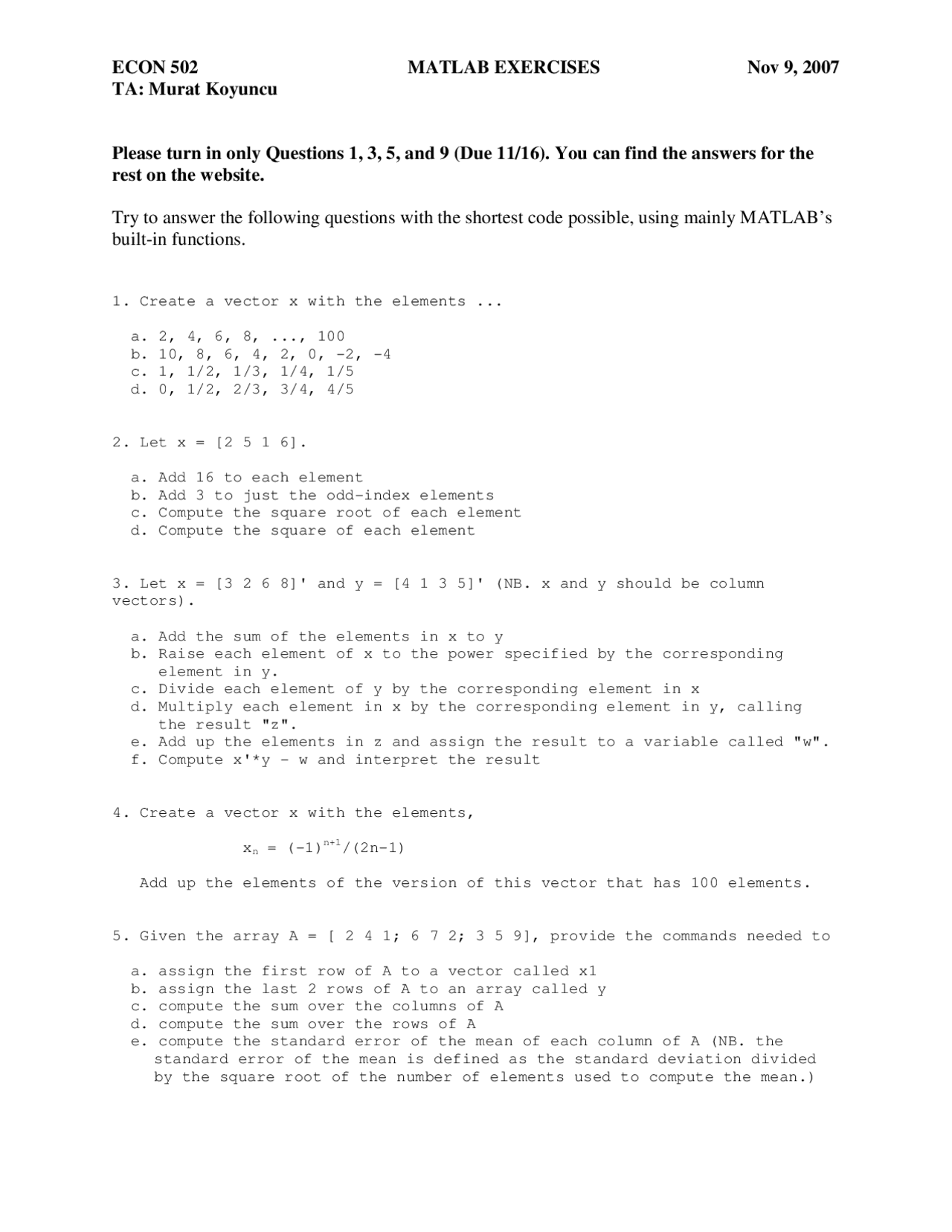 Matlab Exercises Macroeconomic Analysis I Econ 502 Docsity