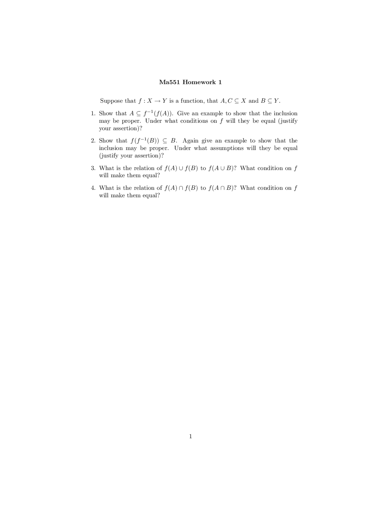 4 Questions On Homework 1 Introduction To Topology Ma 551 Docsity