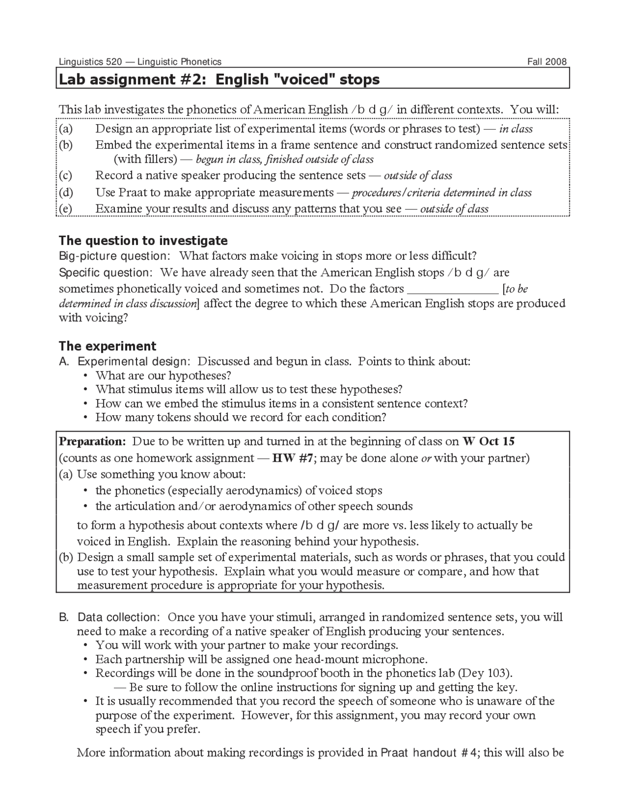 Linguistics 520 Lab Assignment 2: Investigating Voiced Stops in American English - Prof. J | Lab ...