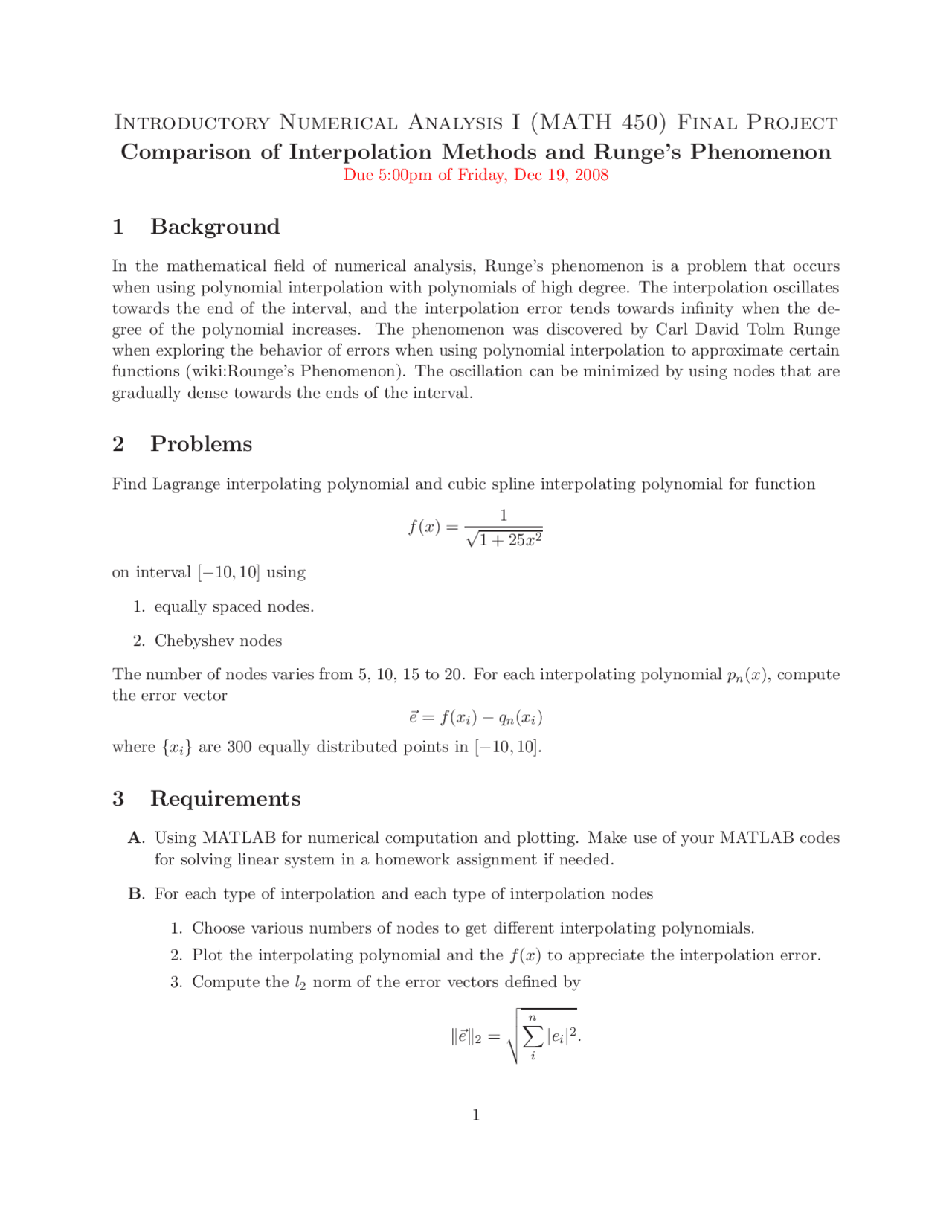 Comparison of Interpolation Methods and Runge's Phenomenon | MATH 450 - Docsity