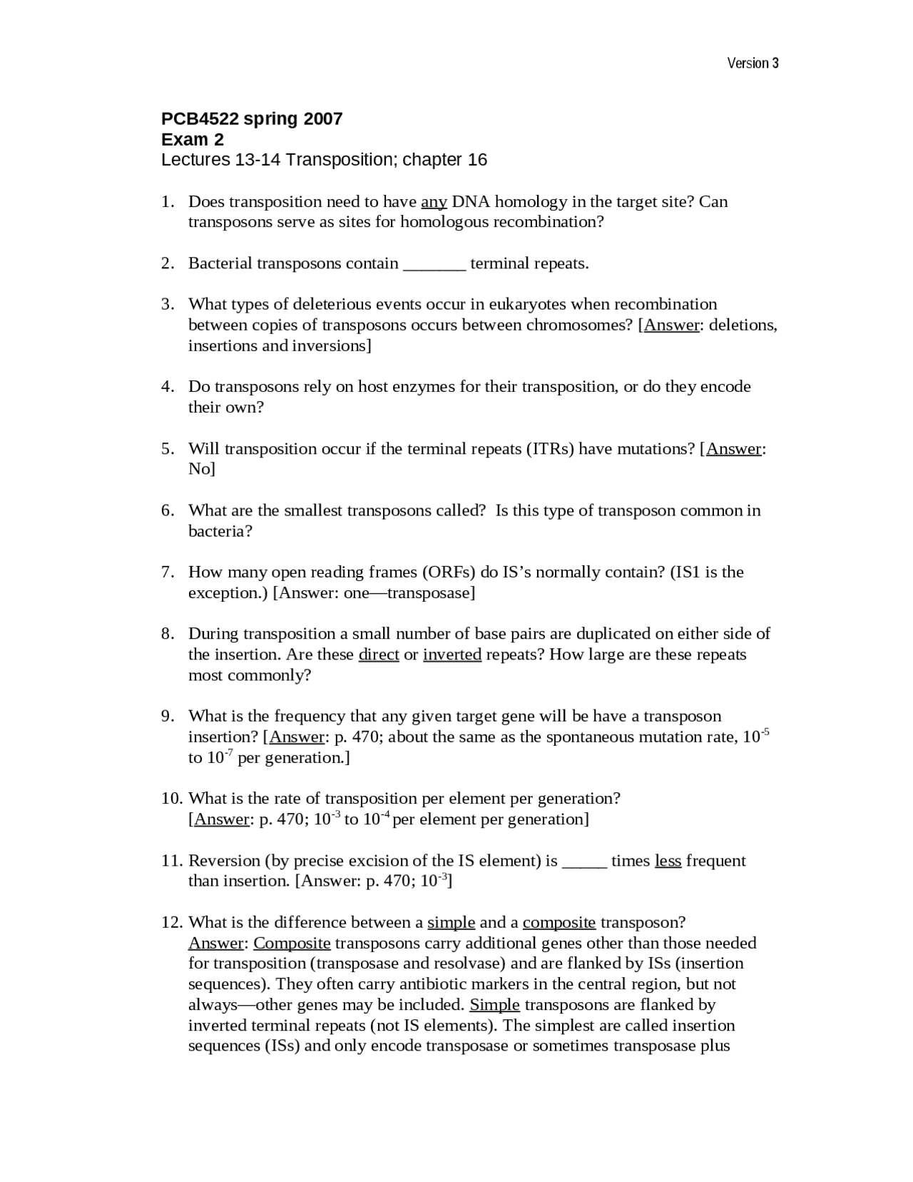 Transposition Exam 2 Molecular Genetics Pcb 4522 Docsity