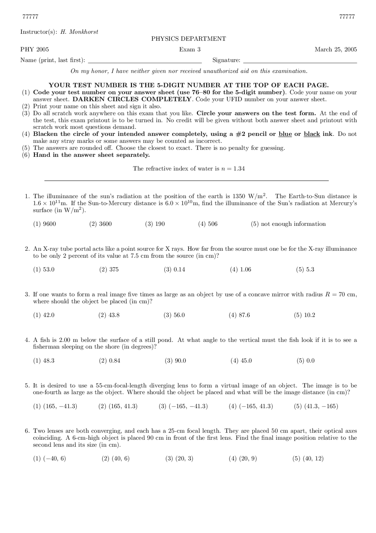 Exam 3 Questions Applied Physics Ii 2005 Phy 2005 Docsity