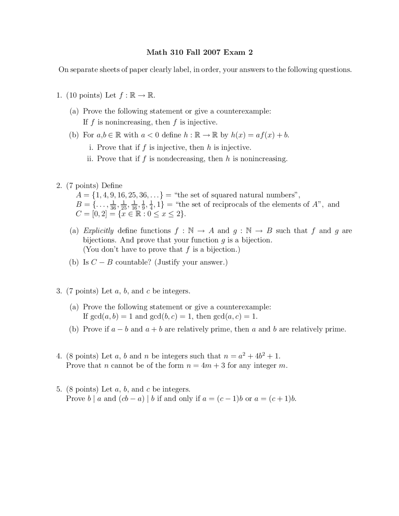 Exam 2 Questions Mathematical Reasoning Math 310 Docsity
