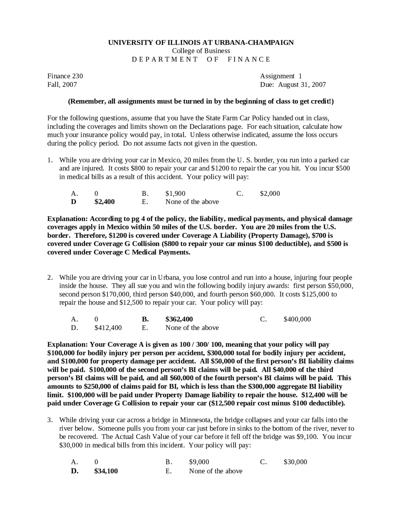 10 Mcqs With Answers Introduction To Insurance Fin 230 Docsity