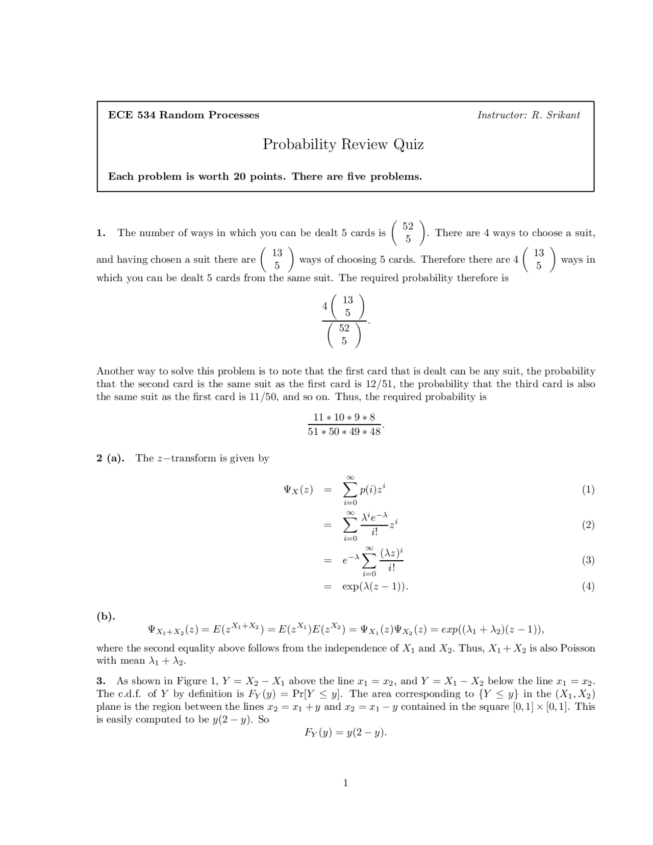 Probability Review Quiz - Random Processes | ECE 534 - Docsity