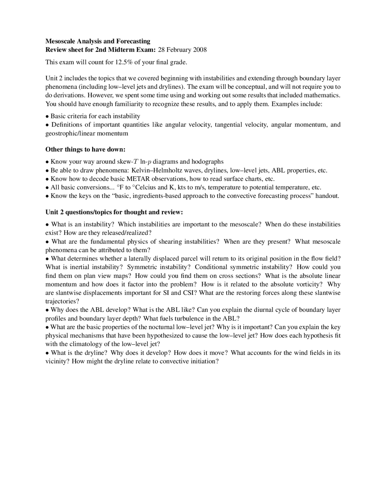 Review Sheet For Midterm Exam 2 Weather Analysis And Forecasting Ii