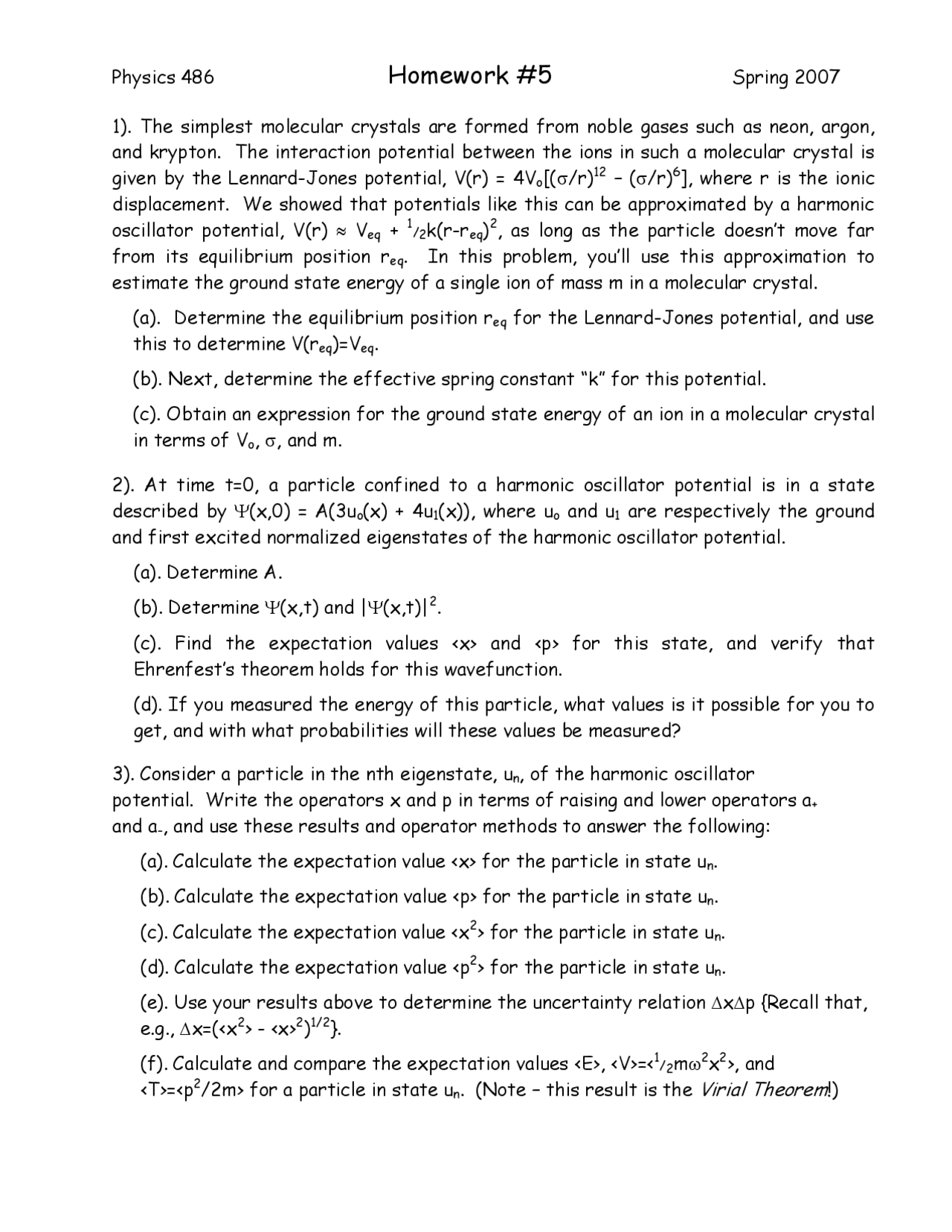 3 Problems On Quantum Physics I Assignment 5 Phys 486 Docsity