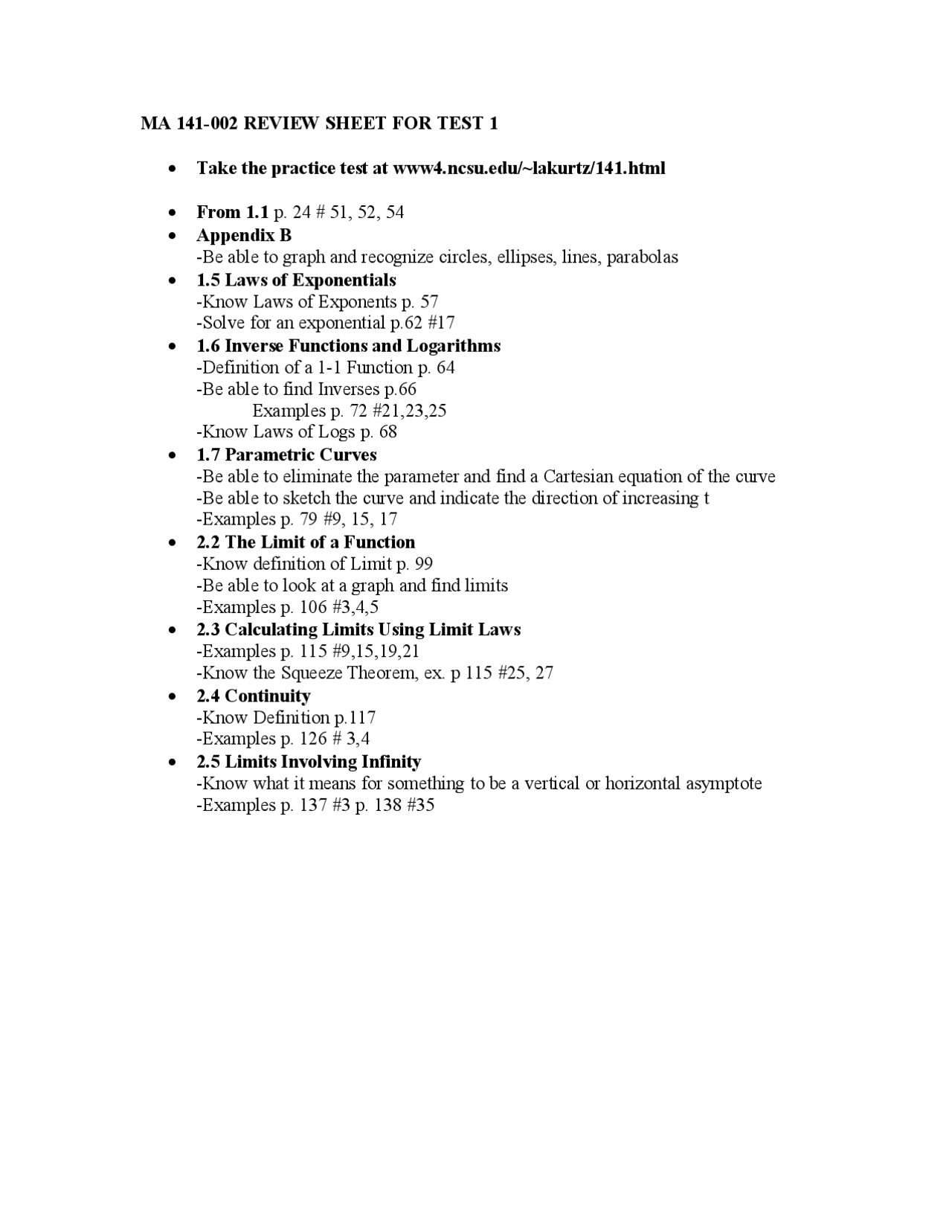 Test 1 Review Sheet Calculus I Ma 141 Docsity