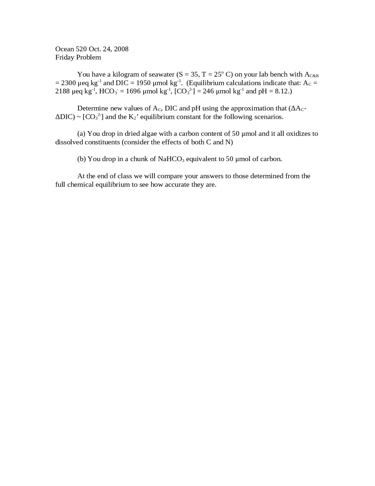 Problems On Marine Chemistry For Assignment Ocean 520 Docsity