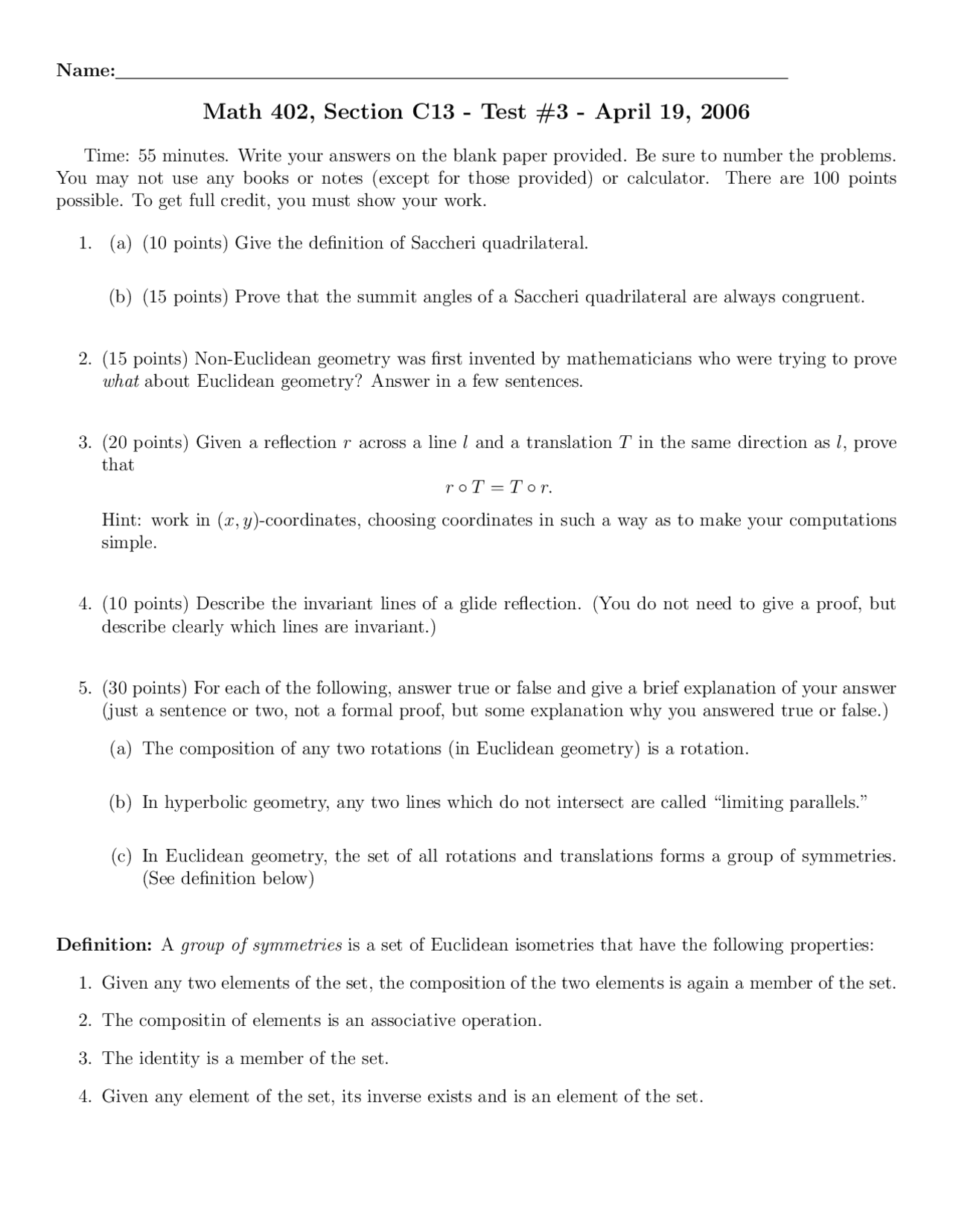5 Questions Of Non Euclidean Geometry Exam 3 Math 402 Docsity