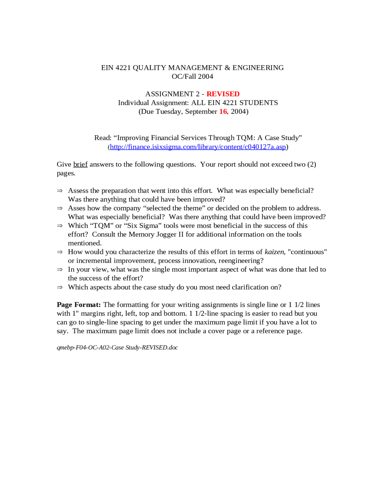 Quality Management And Engineering Assignment 2 Esi 6912 Docsity