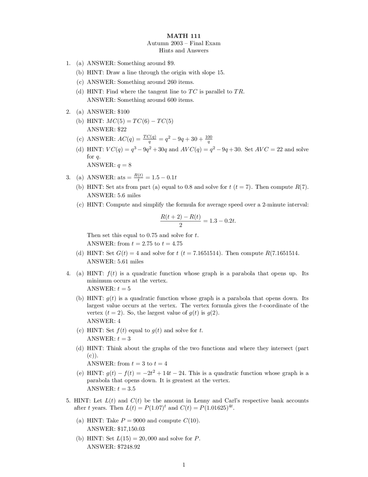 6 Questions For Final Exam Algebra With Application Math 111 Docsity