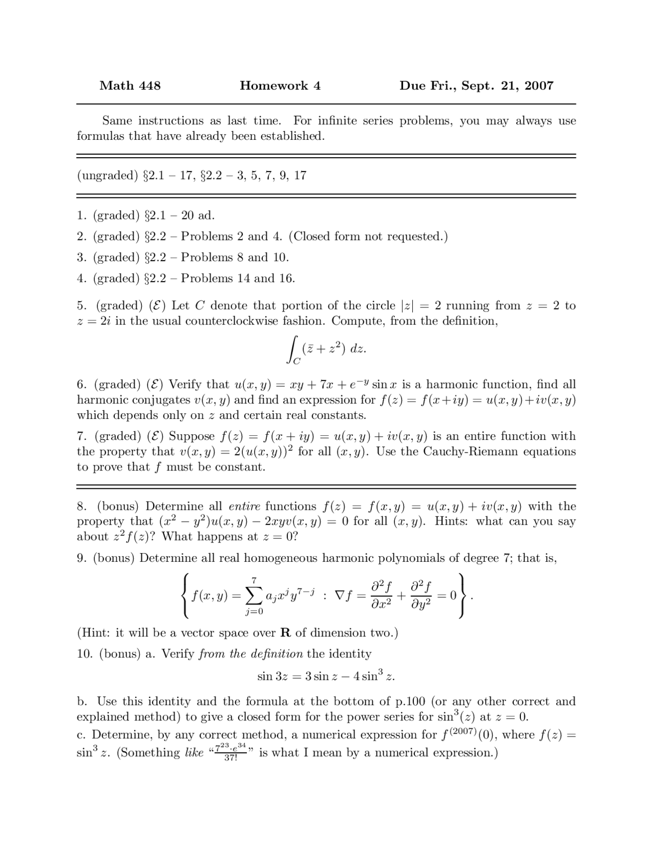 9 Questions For Assignment 2 Complex Variables Math 448 Docsity