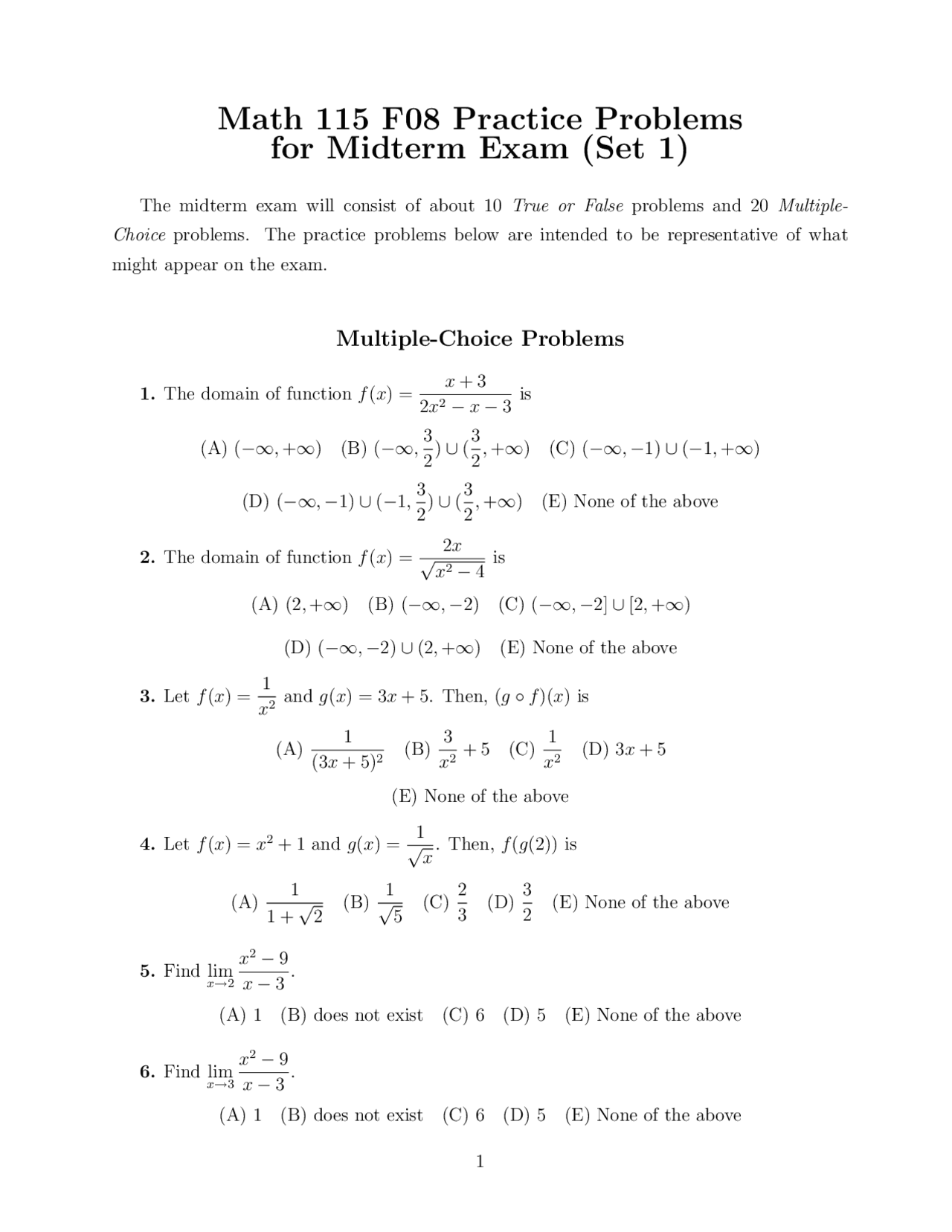 Practice Problems For Calculus I Midterm Exam Math 115 Docsity